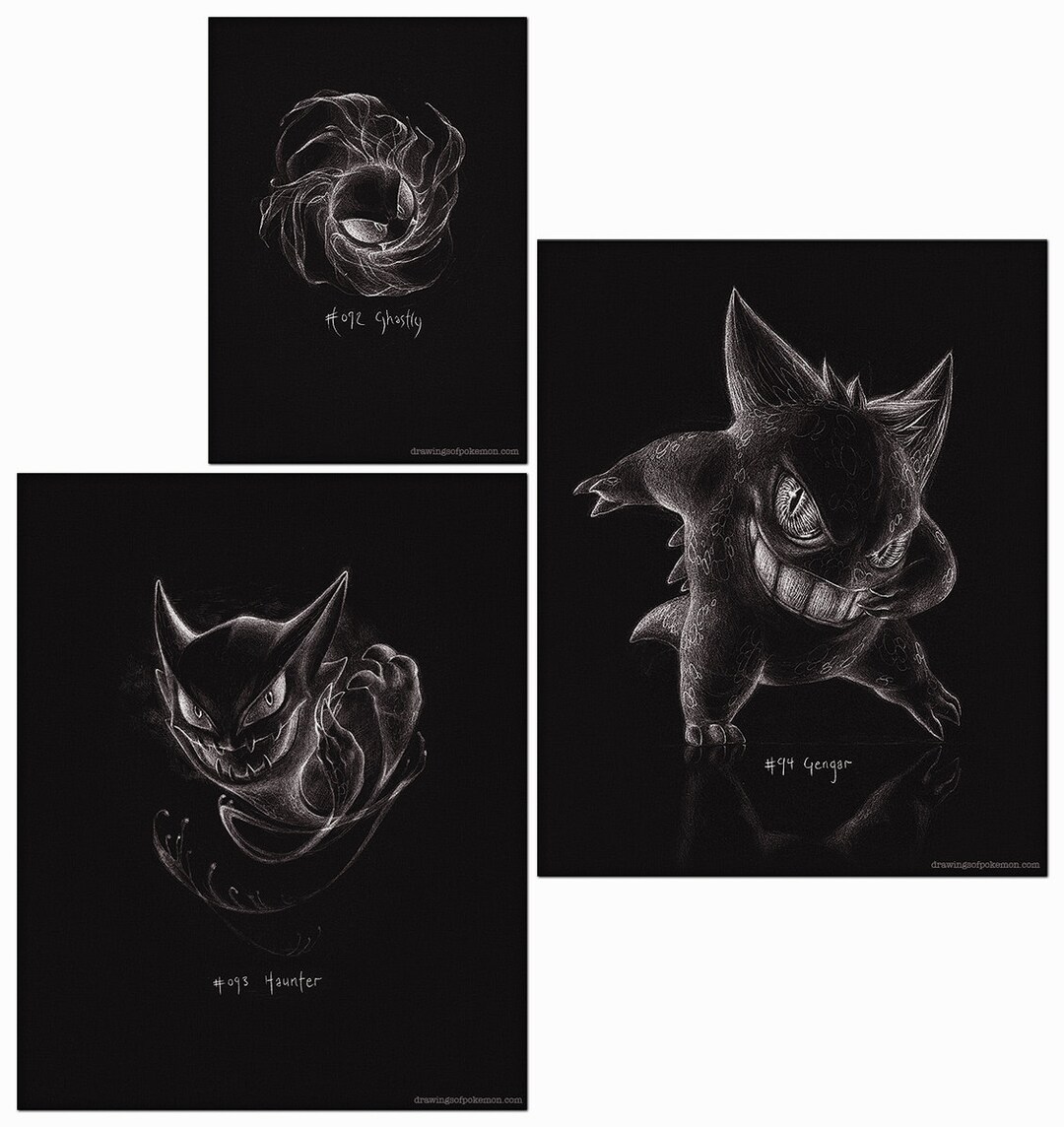 Gastly, Haunter and Gengar - Pokémon Ghost Trio - Set of Three Prints ...
