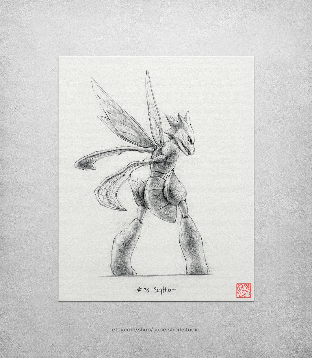 Scyther 8 X 10 Print Pokemon Drawing Art Bug Flying Artwork Gaming Nintendo Decor Etsy