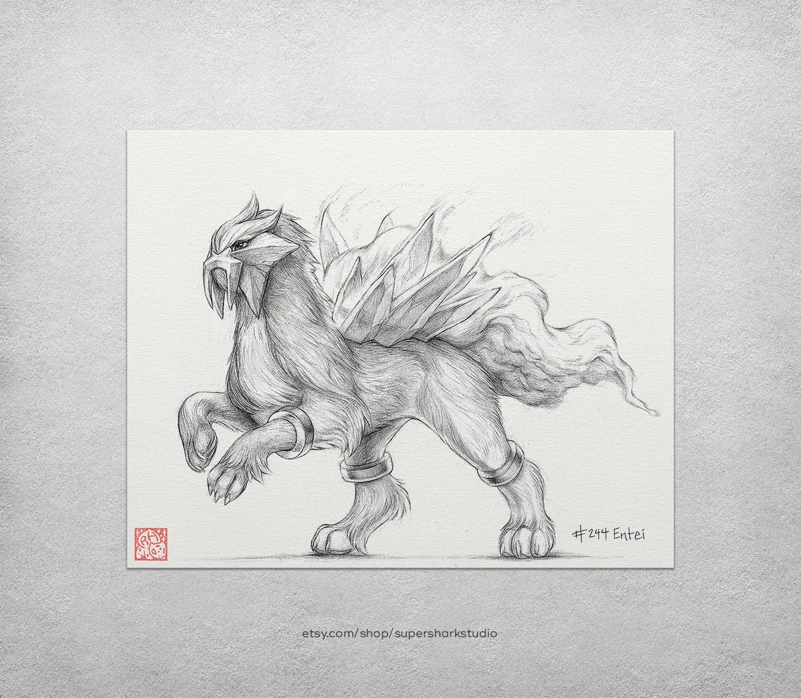 Entei 8 x 10 print pokemon drawing art artwork | Etsy