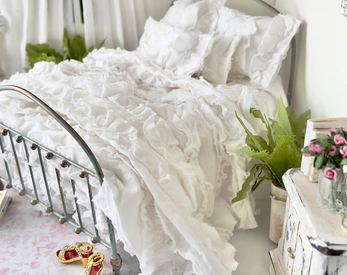 Dollhouse Bedding, Seven Piece White Cotton Distressed Ruffled Bedding ...