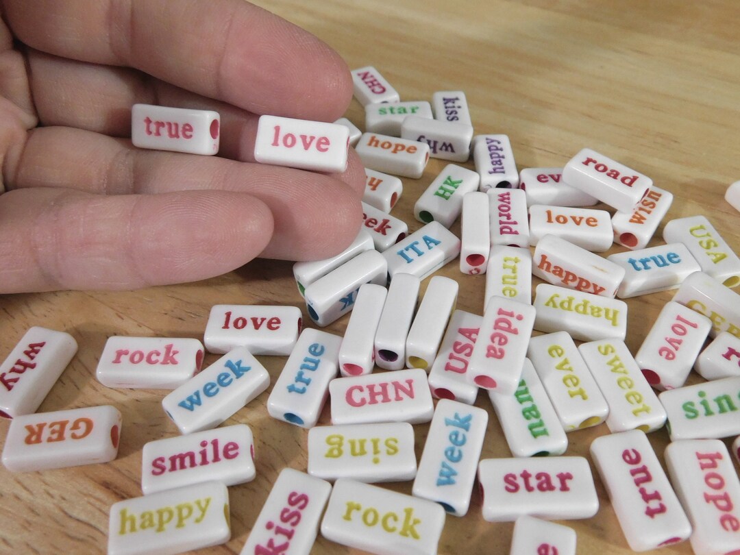 Acrylic Word Beads, White, Mixed Colors. 15mm X 7.5mm (rectangle ...