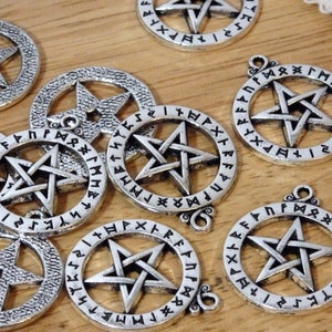 Rune Pentagram Pendants / Charms, Silver Tone 1.25" (pagan, Wiccan ...