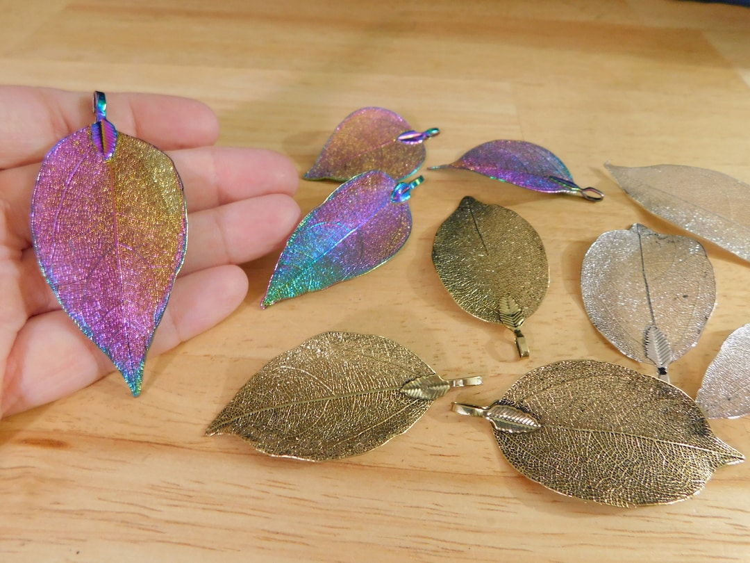 Real Electroplated Leaf Pendants, 50-80mm, Silver Bronze Rainbow (multi ...