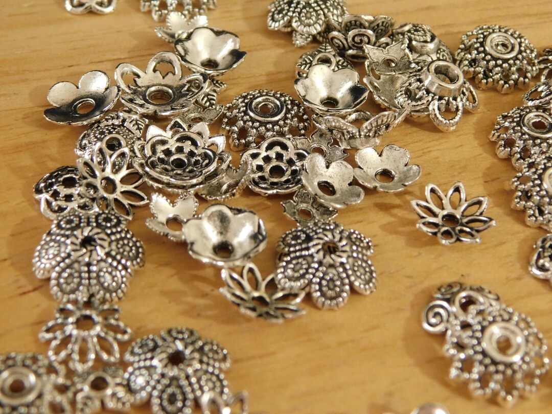 100 Pc Mixed Design Alloy Bead Caps, Flower, Antique Silver, 6~14mm ...