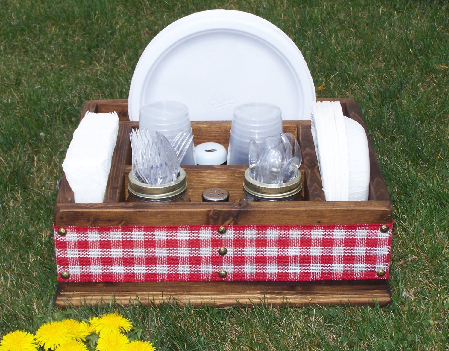 Backyard picnic caddy red and white plaid burlap ribbon | Etsy