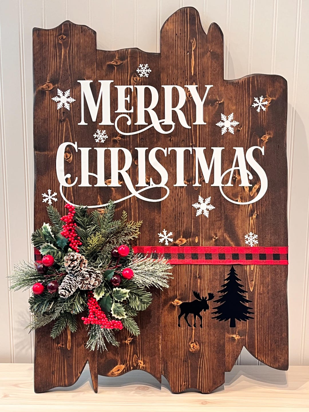 Merry Christmas Rustic Red & Black Plaid Wall Hanging Wood Sign, Wood ...
