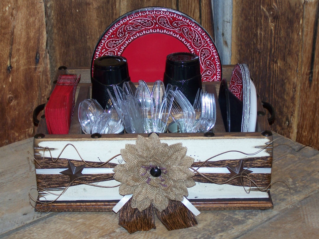 Rustic Western Utensil Holder Wood Caddy Kitchen Counter Party ...