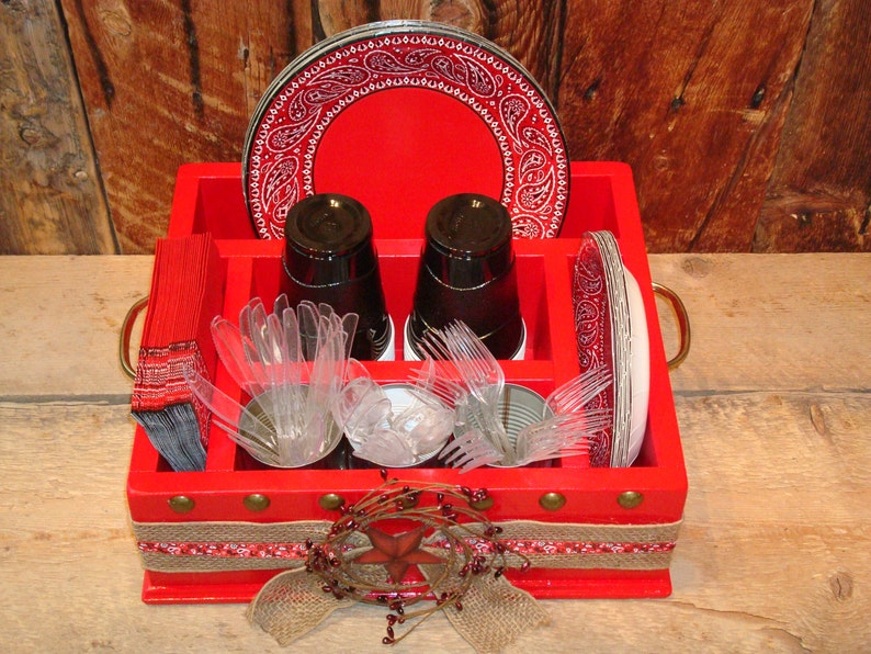 Western Red Party Decor Tableware Utensil Holder Caddy Wood Utensil ...