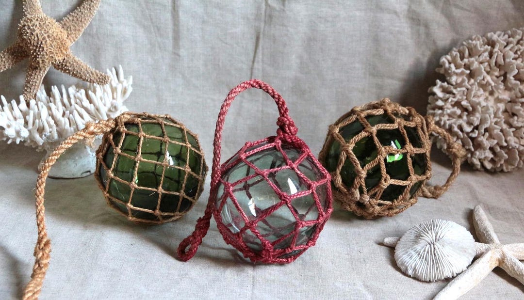 Set of 3 French Vintage Green Glass Fishing Net Float in Jute Rope ...