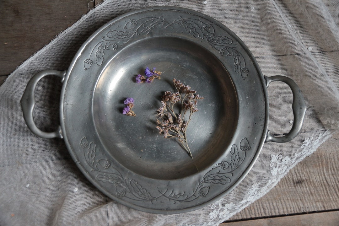 Antique French Pewter Platter Serving Dish With Handles. Engraved Oak ...