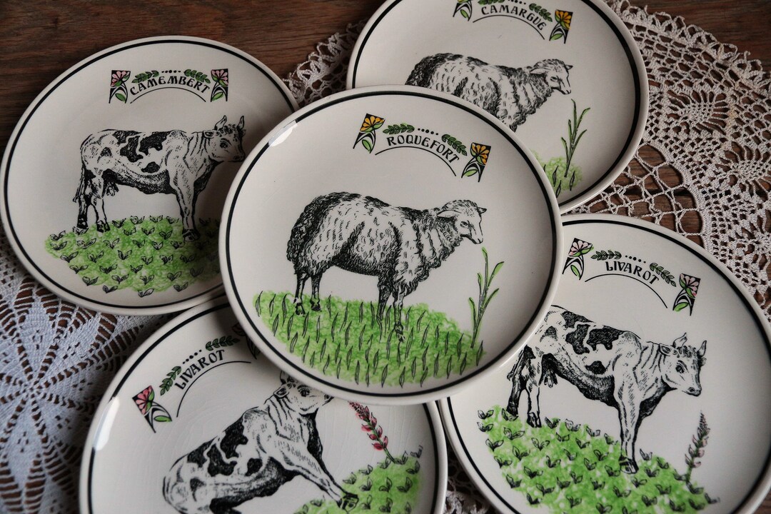 Set of 5 Vintage French Cheese Plates. Cow Sheep Roquefort Camembert ...