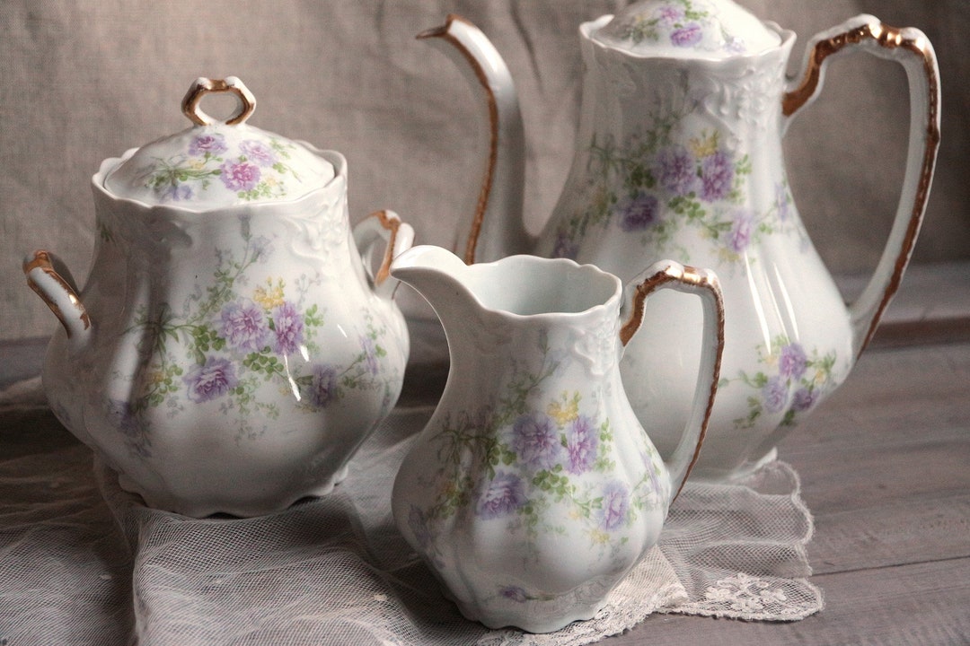 Set of 3 Antique French Lavender Flowers Porcelain Tea Coffee Set ...