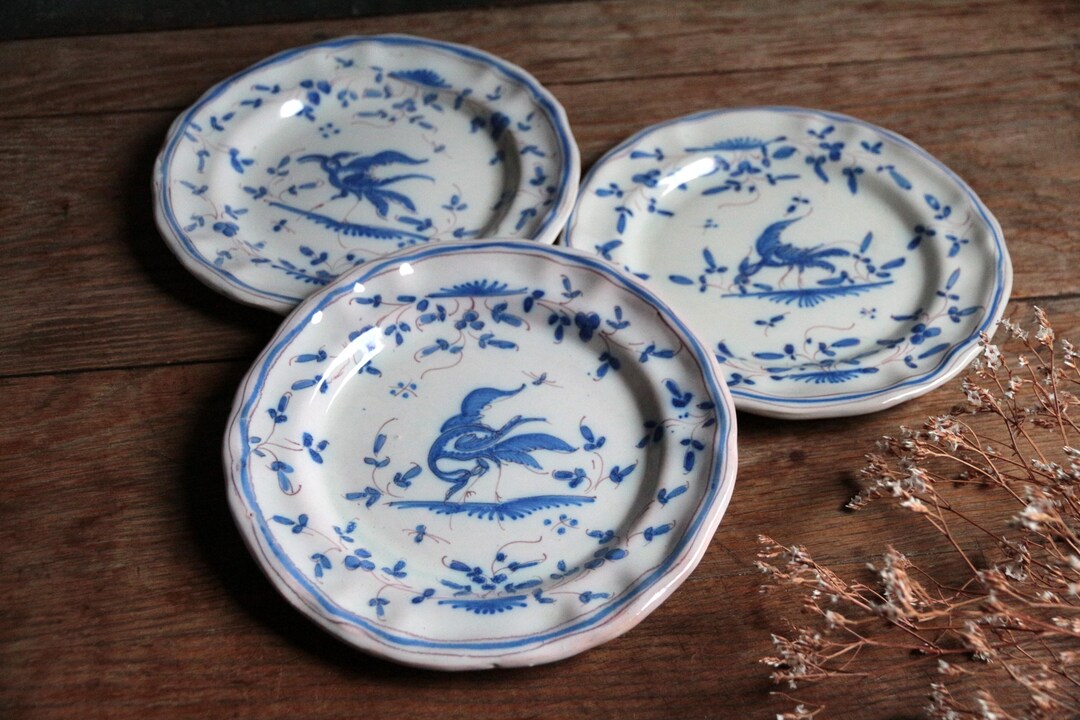 Set of 3 Antique French White Blue Glaze Pottery Plates Moustiers ...
