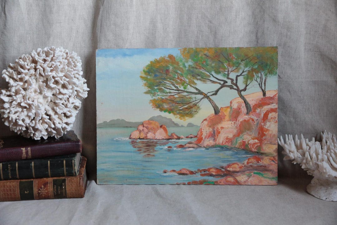 French Vintage Coastal Oil Painting, Cote D'azur Seascape, Red Cliffs ...