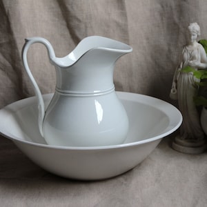 Antique French White Ironstone Basin / Washing Pitcher. White Ironstone ...