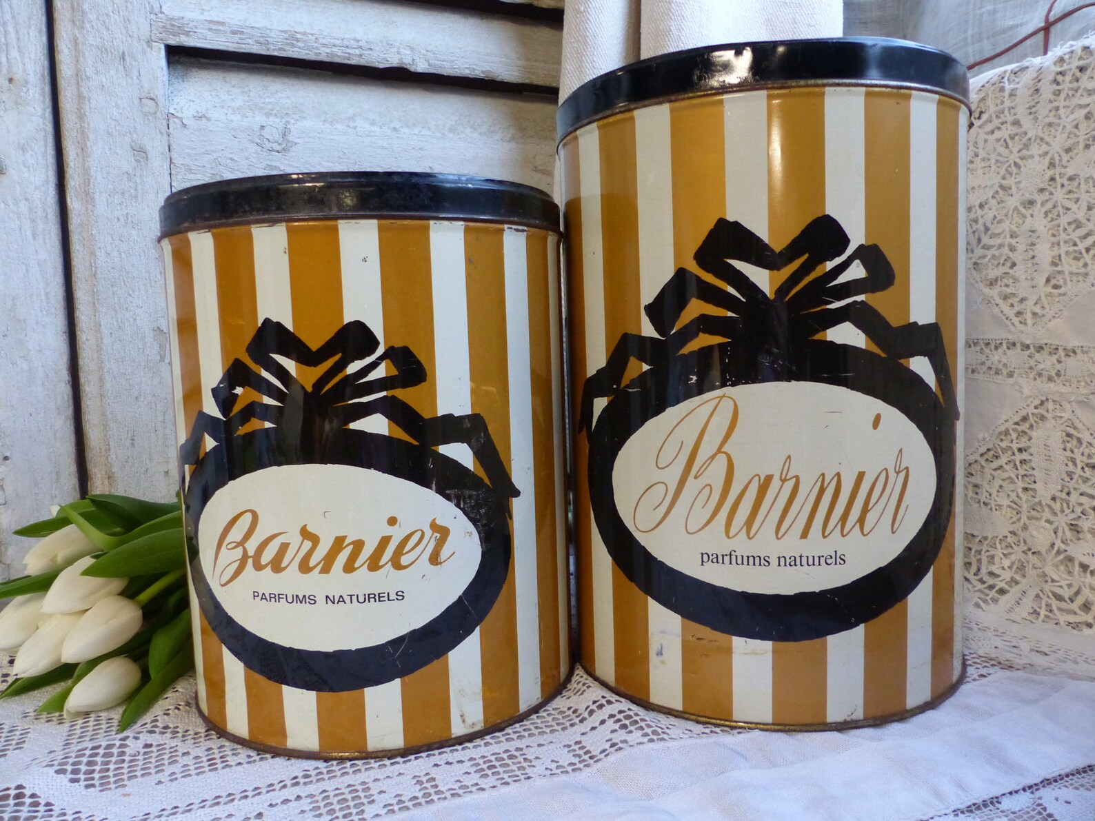 Set of 2 French Large Candy Tins. Gold White Stripe. Black - Etsy