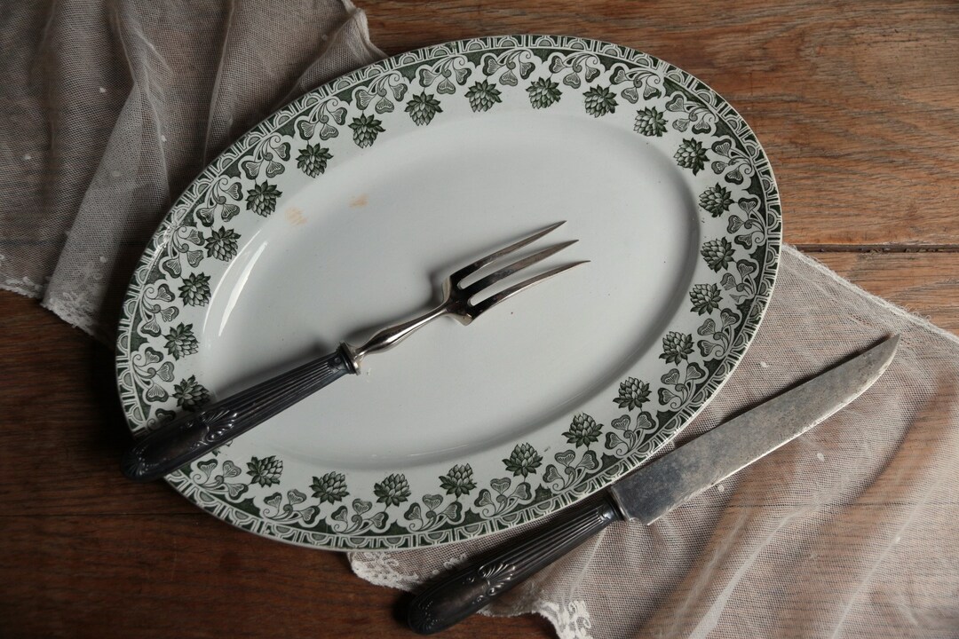 Antique French Large Forest Green Transferware Oval Serving Platter ...