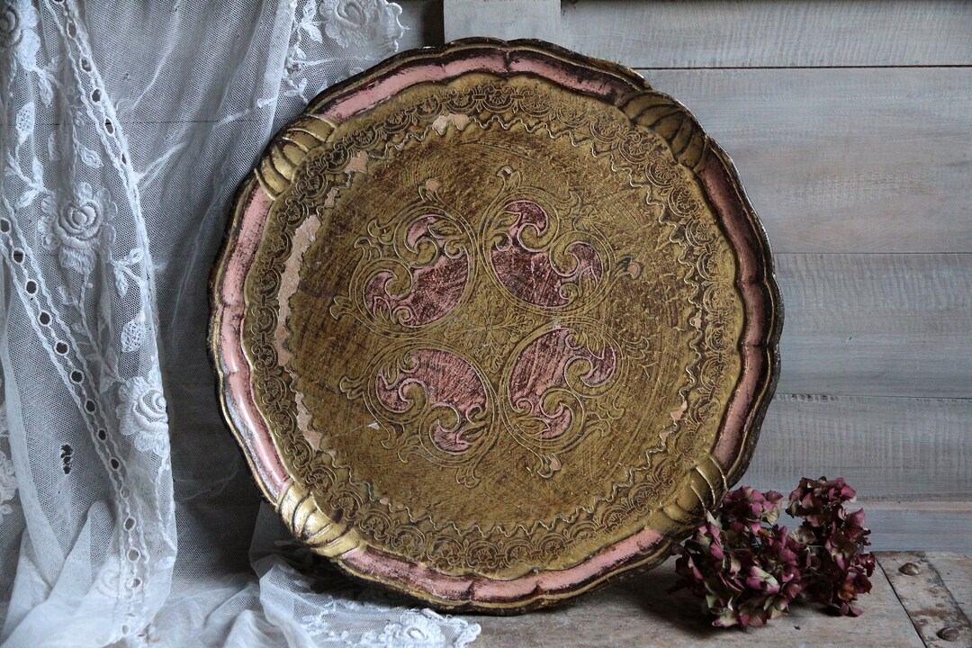 Vintage Florentine Tea Tray. Dusty Pink and Gold Vintage Italian Tray ...