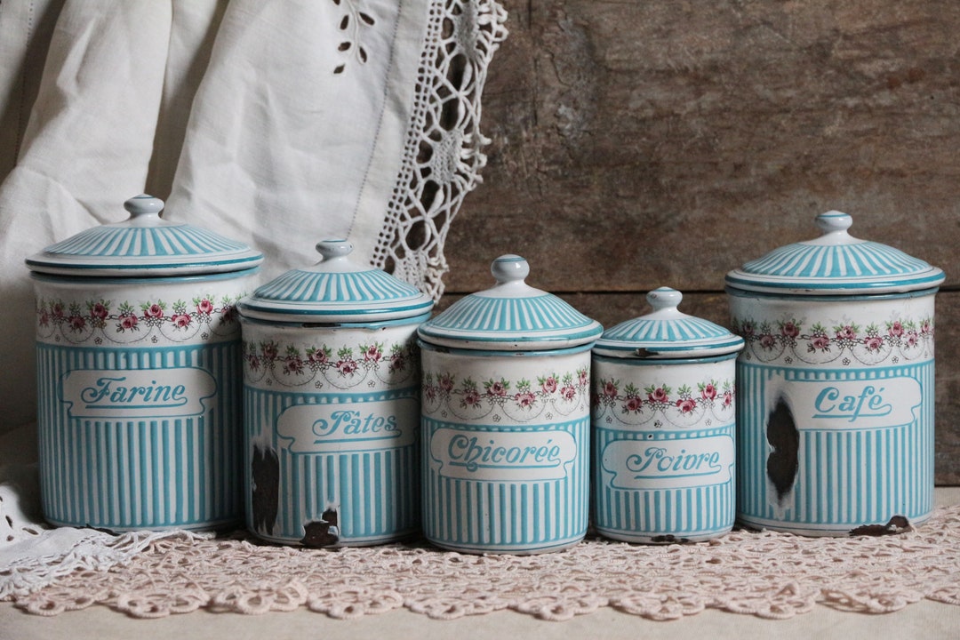 Set of 5 Antique French Enamel Kitchen Canister Set. Turquoise Stripe ...