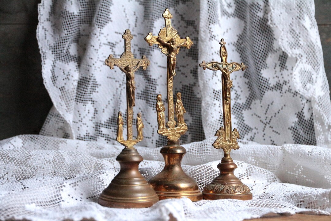 Set of 3 Antique French Crucifix Free Standing Home Altar Crosses ...