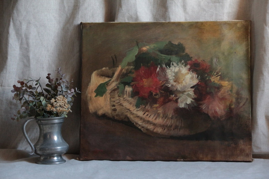 Antique French Oil Painting Basket of Flowers. Muted Colors Earth Tones ...