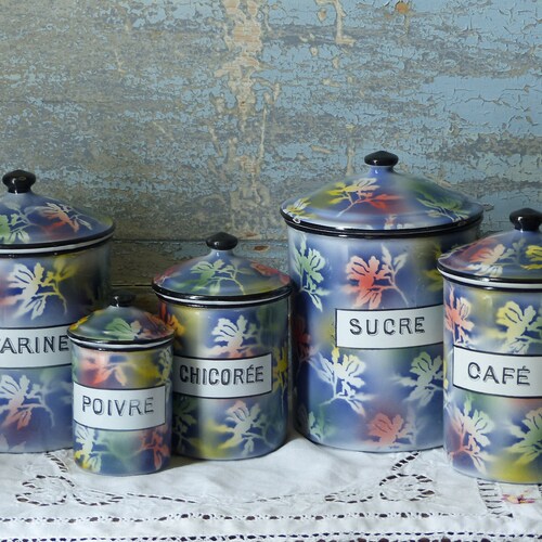 Set of 5 Vintage French Enamel Kitchen Canisters. Red-orange | Etsy