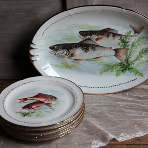French Vintage Set Porcelain Fish Platter With 6 Plates. Limoges ...