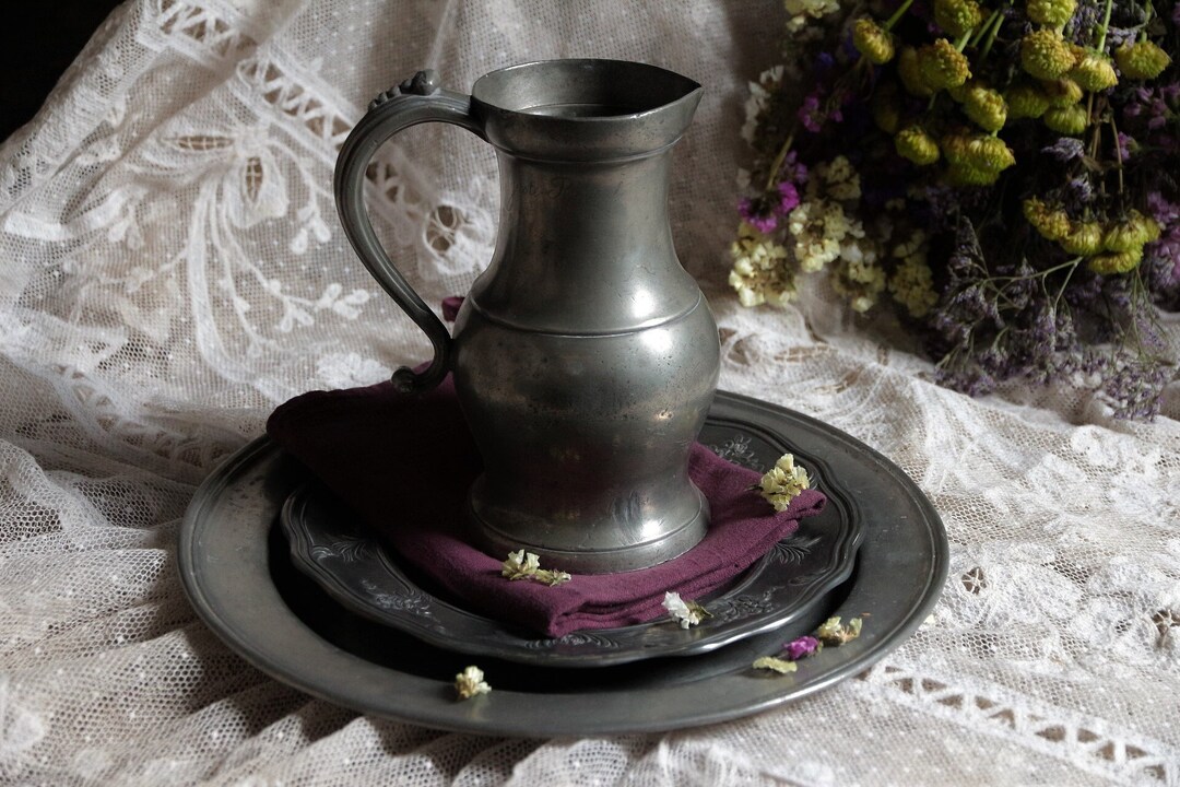 19th Century Antique French Pewter Pitcher. Footed Pewter Pitcher ...