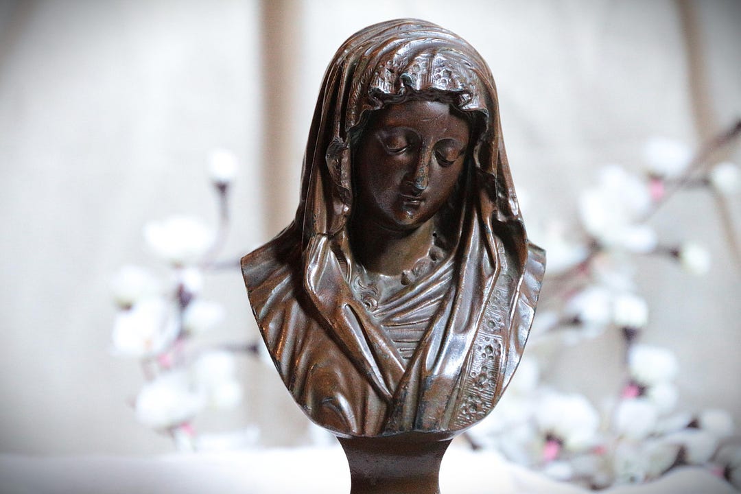 Antique French Small Madonna Bust Statue. Veiled Virgin Mary Pedestal ...