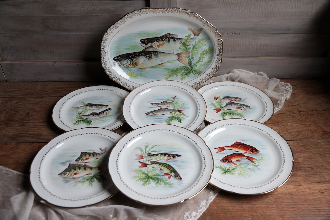 French Vintage Set Porcelain Fish Platter With 6 Plates. Porcelain Fish ...