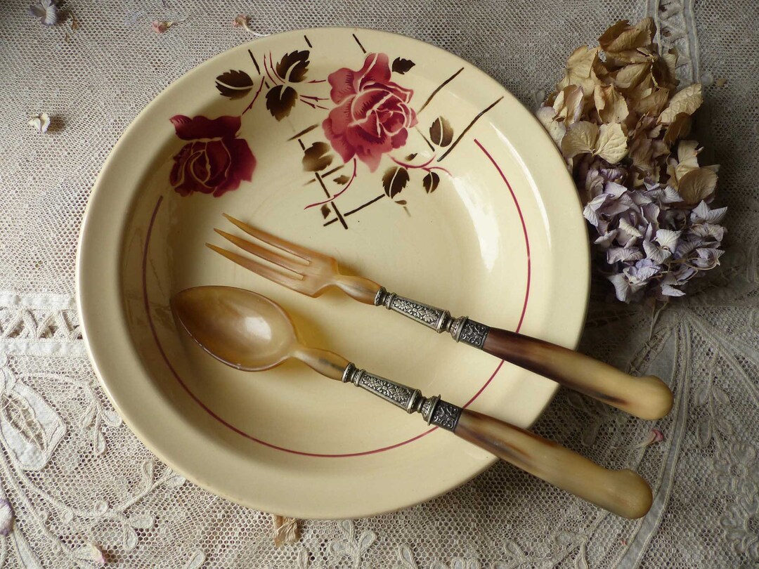 French Vintage Stencilware Serving Bowl, Rose Decor, Badonviller Simone ...
