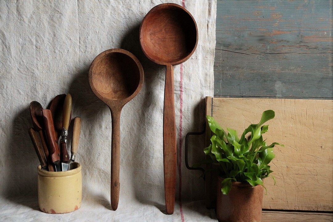 Set of 2 HUGE Antique French Rustic Wooden Ladle Spoons. Photo - Etsy
