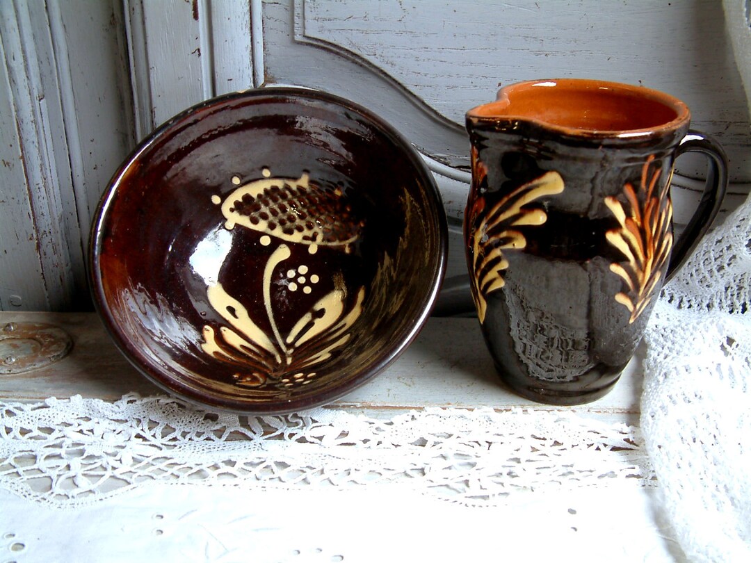 French Vintage Rustic Glazed Pottery Bowl and Pitcher. French Rustic ...