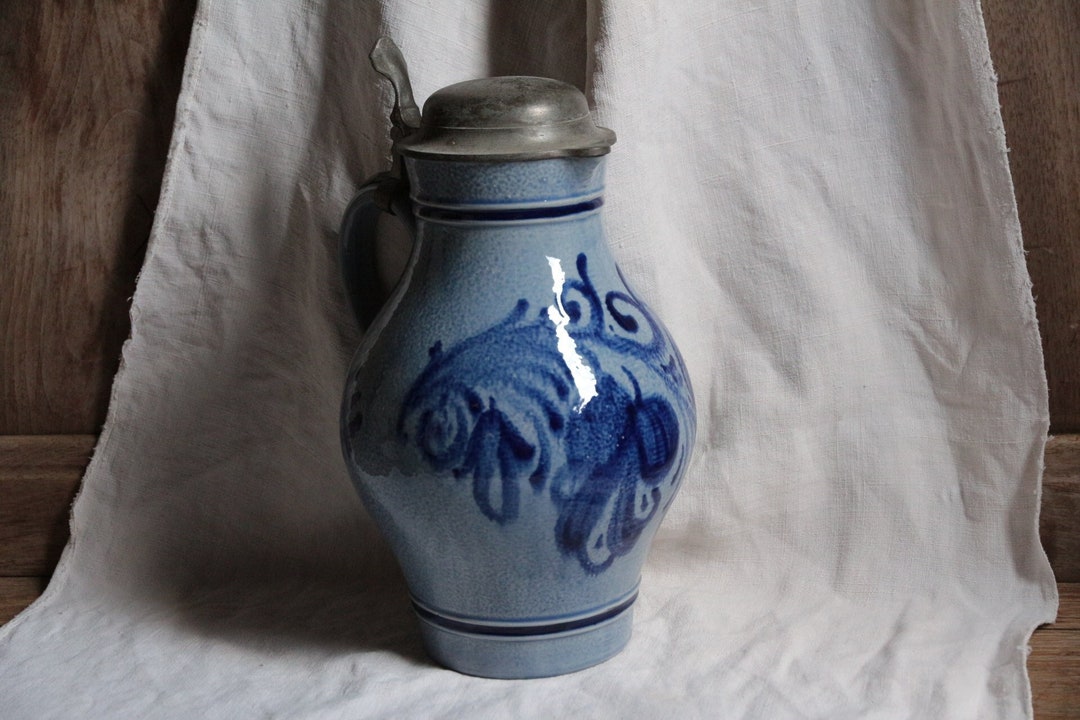 Antique French Stoneware Pitcher With Pewter Lid, Alsace Flow Blue ...