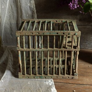 Antique French Rustic Wood Bird Cage. Chickens Cage. Chippy Green Paint ...