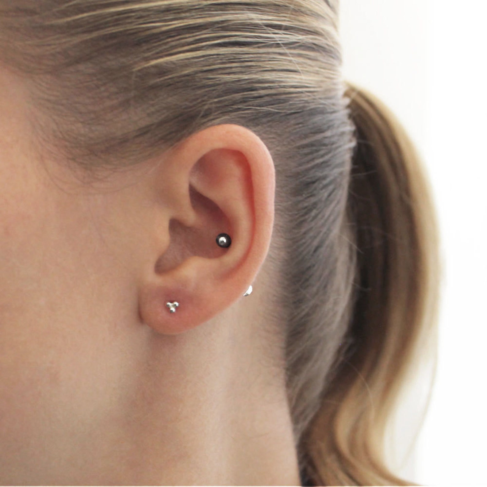 Sterling Silver Triple Bead Stud Earrings. Piercing Jewelry. | Etsy