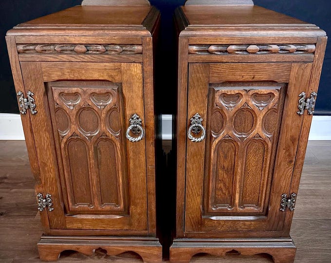 Jacobean Revival Oak Nightstand Set: Carved English Bedside End Tables ...