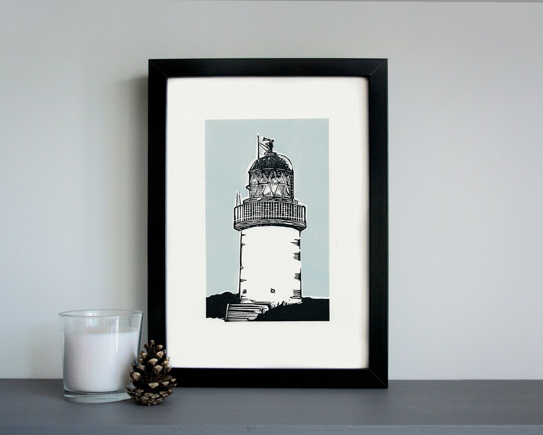 Lighthouse Art Print - Lighthouse Linocut, Corran Lighthouse, Coastal ...