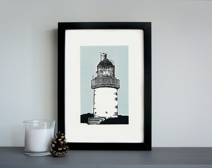 Lighthouse Art Print - Lighthouse Linocut, Corran Lighthouse, Coastal ...