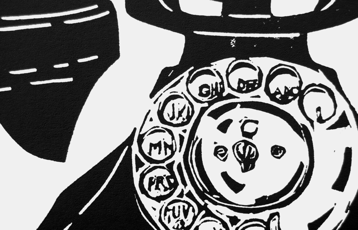 Vintage Telephone Wall Art - Phone Linocut Print, Bakelite Telephone ...