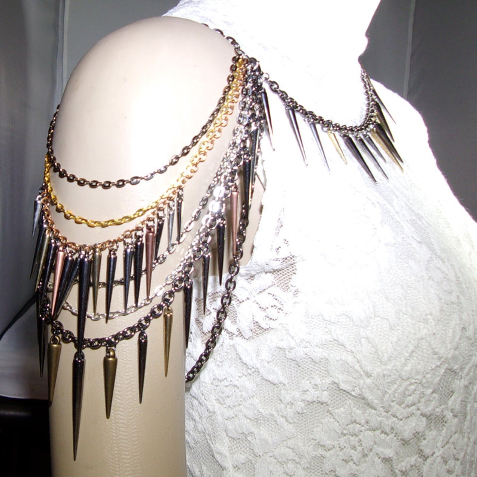 Mixed Metal Triple Spiked Shoulder Chain Necklace - Etsy