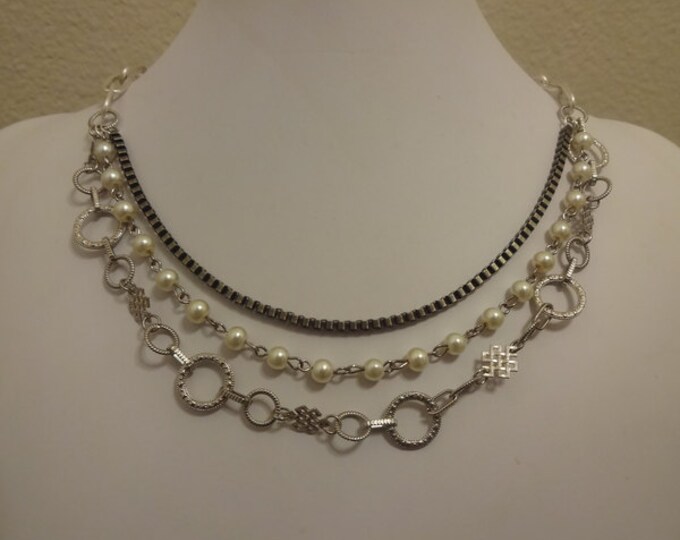 Triple Strand Links and Pearls Necklace OOAK - Etsy