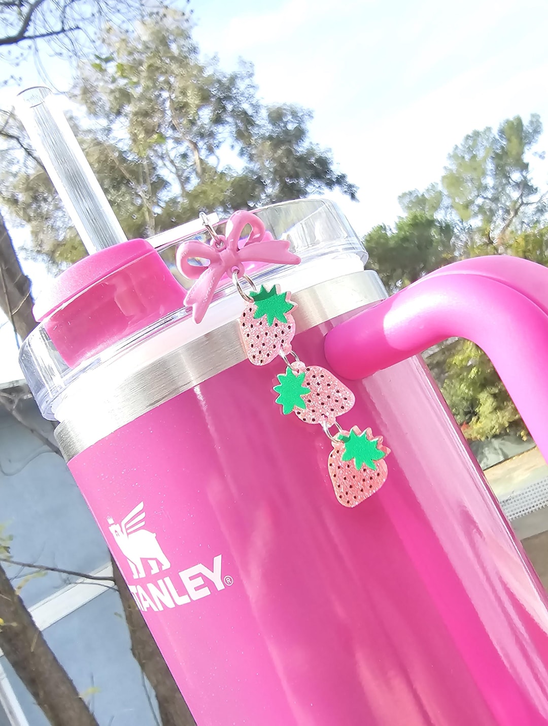 Pink Strawberry Dangle Stanley Straw Topper Charm Tumbler Straw Charm ...