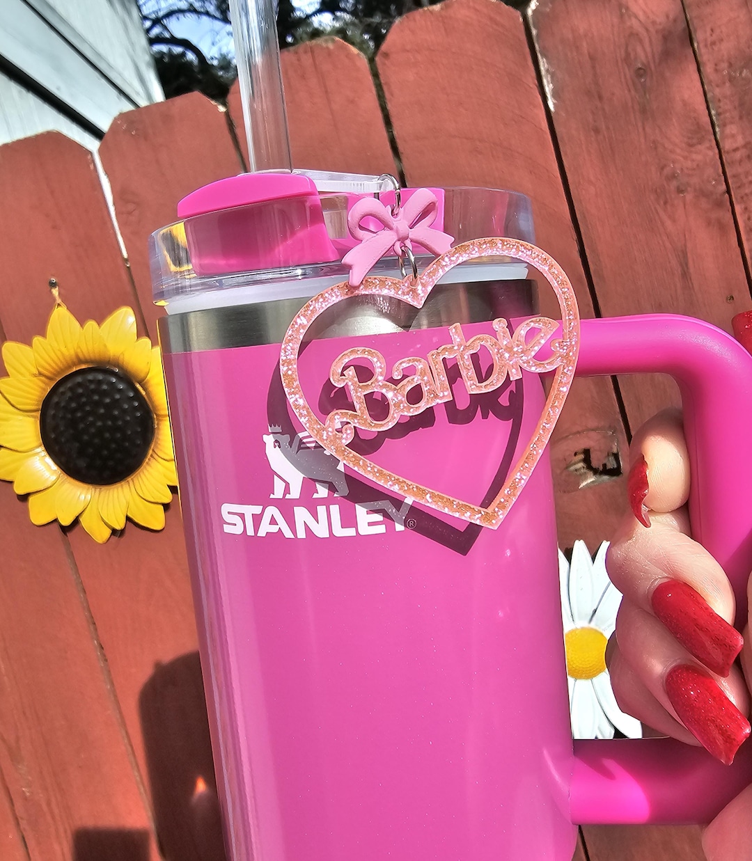 Pink Barbie Dangle Hearts Stanley Straw Topper Charm Tumbler Straw ...