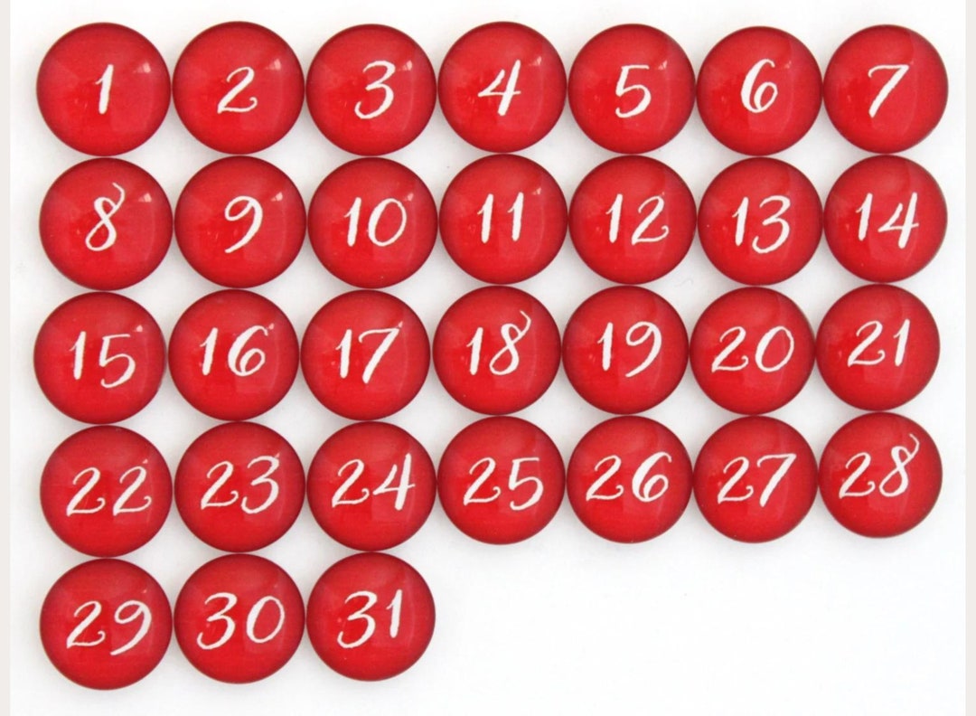 Set of 31 Red Glass Calendar Number Magnets | Red Glass Magnets for ...