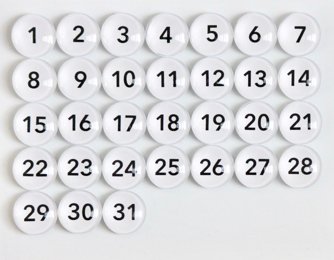 White Calendar Number Magnets | 31 Glass Magnets in Dime & Nickel Sizes ...