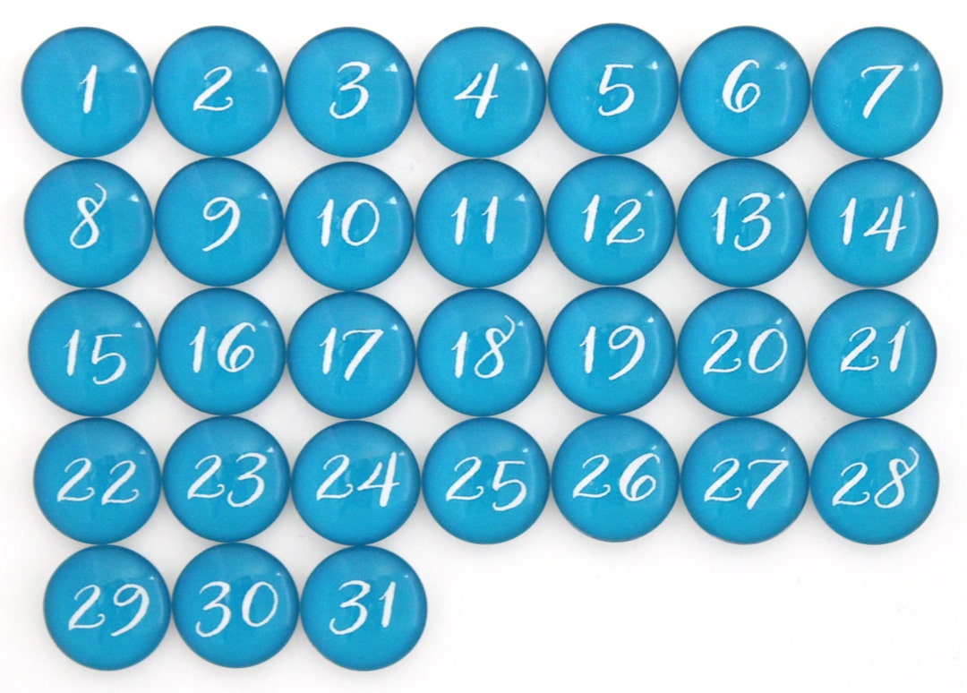 Set of 31 Deep Sky Blue - Glass Calendar Number Magnets | Decorative ...