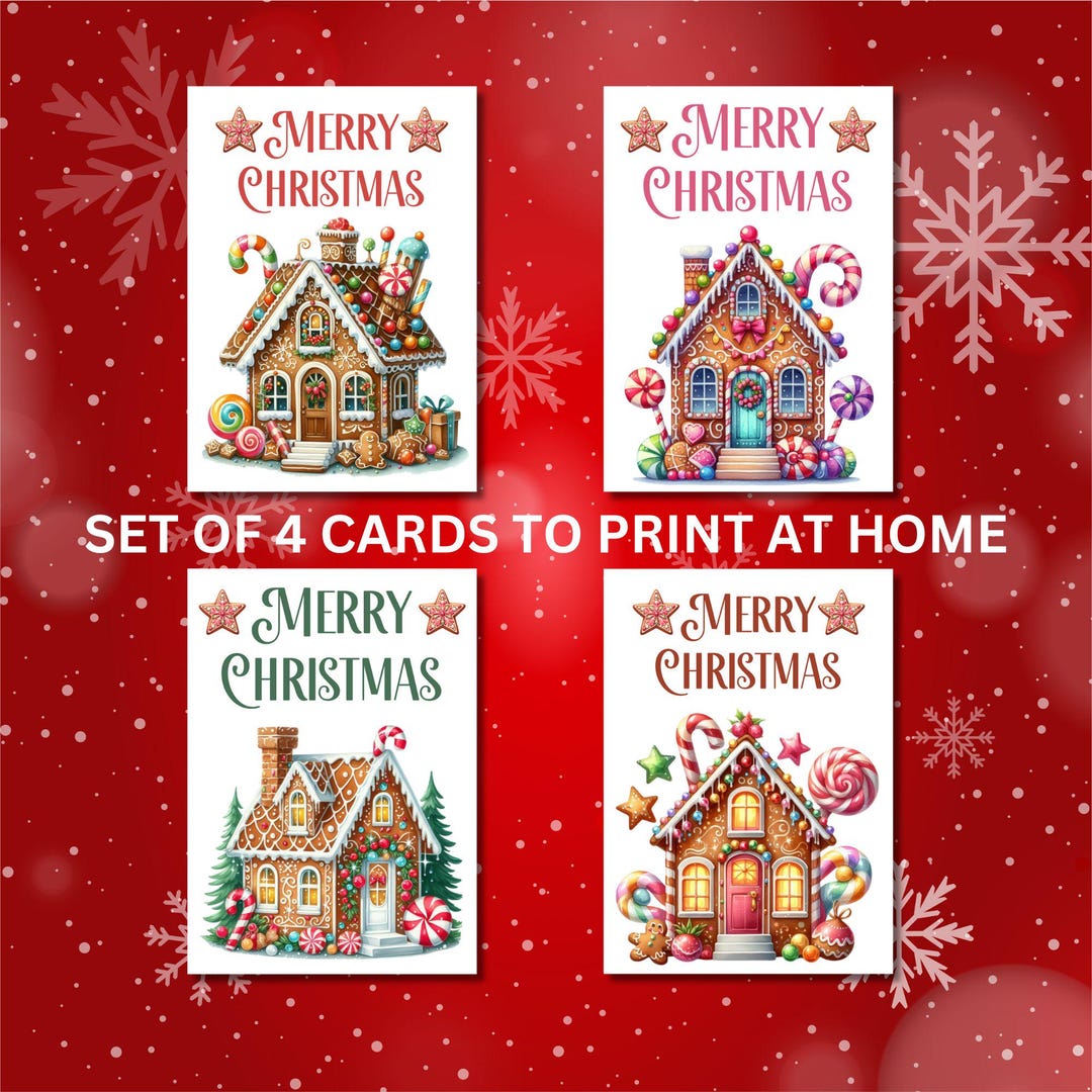 Set of 4 Printable Gingerbread House Christmas Cards, Downloadable Xmas ...