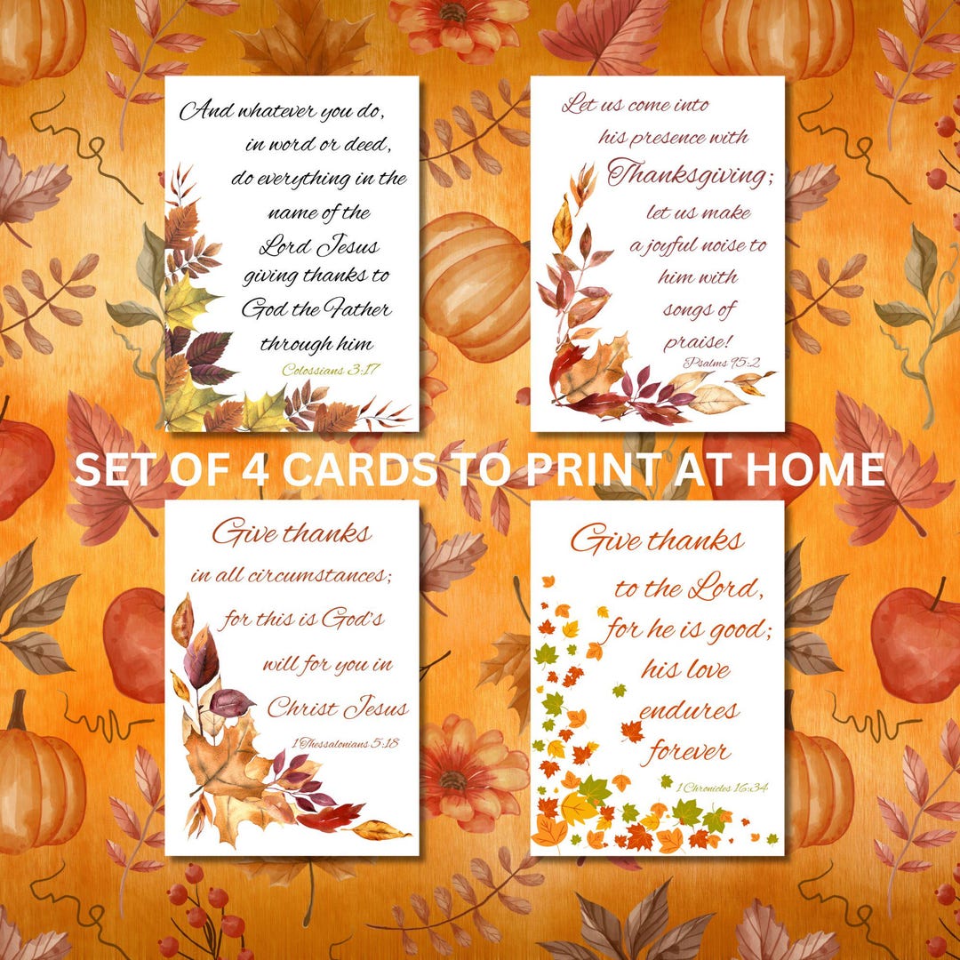 Set of 4 Printable Bible Verse Thanksgiving Cards, Downloadable Fall ...