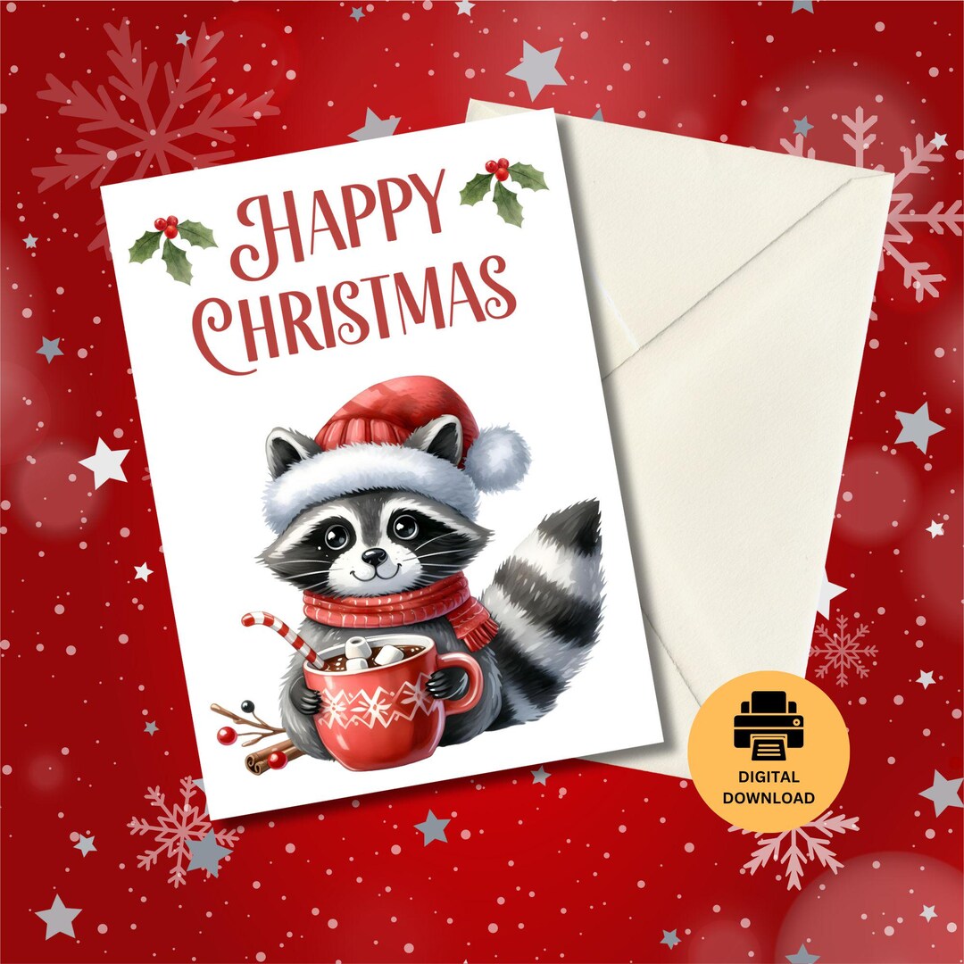 Printable Raccoon Christmas Card, Downloadable Snowmen Greetings Card ...